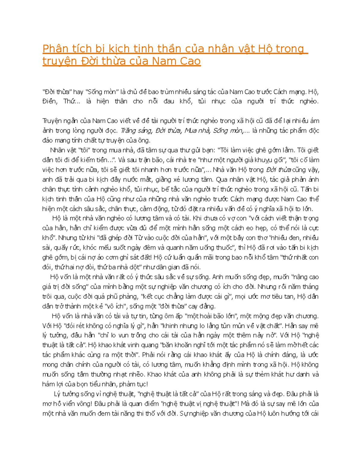 Phân tích bi kịch tinh thần của nhân vật Hộ trong truyện Đời thừa của ...