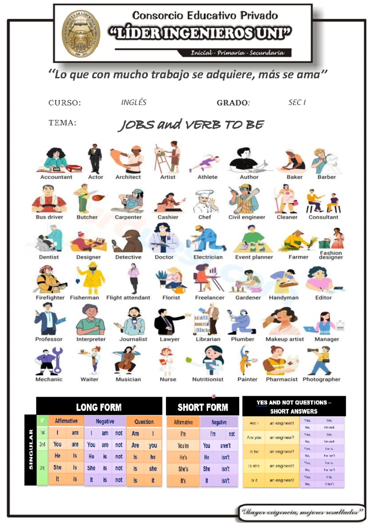 SEC I - TEMA 4 - JOBS and VERB TO BE - Inglés - ‘‘Lo que con mucho ...