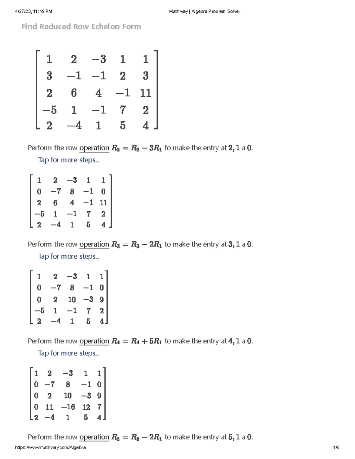 notes for chapter 1 - Find Reduced Row Echelon Form Perform the row ...