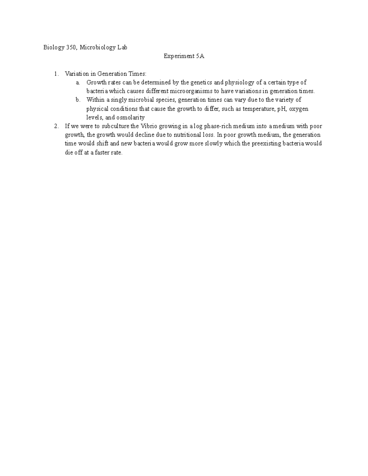 BIO350- Experiment 5A - Biology 350, Microbiology Lab Experiment 5A ...