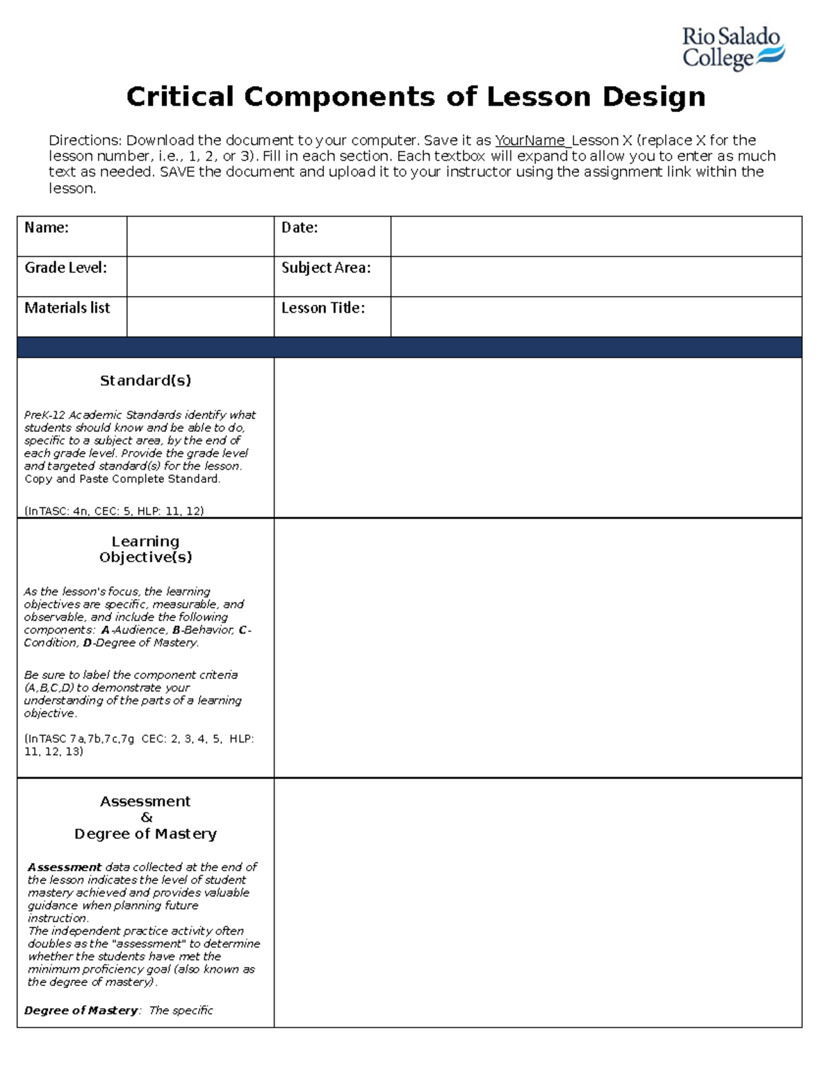 CCLD Template 9-22-21 - notes - Critical Components of Lesson Design ...