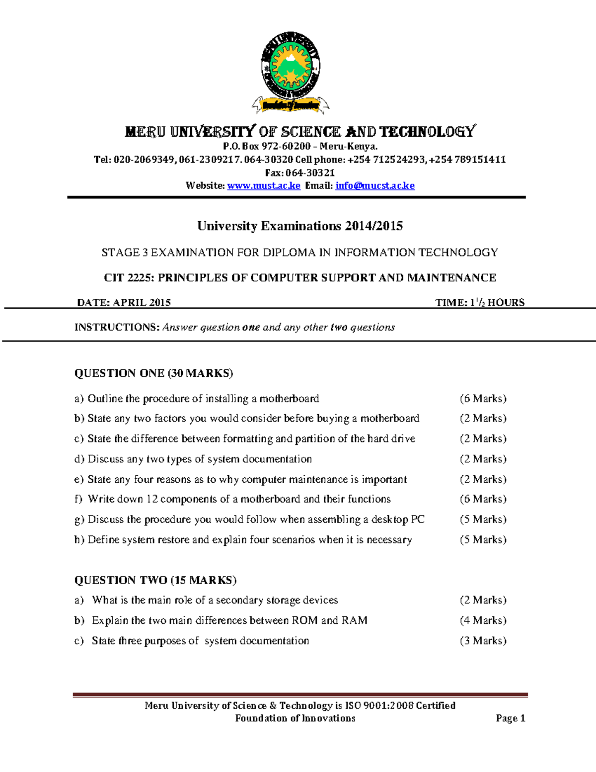 Microsoft Word CIT 2225 Principles OF Computer Support AND Maintenance ...