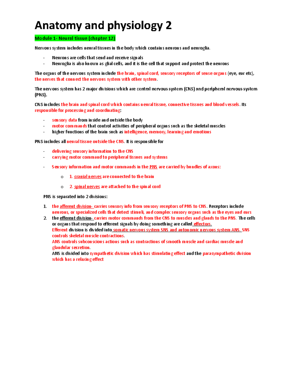 Fundamentals of anatomy and physiology 2 note - Module 1- Neural tissue ...