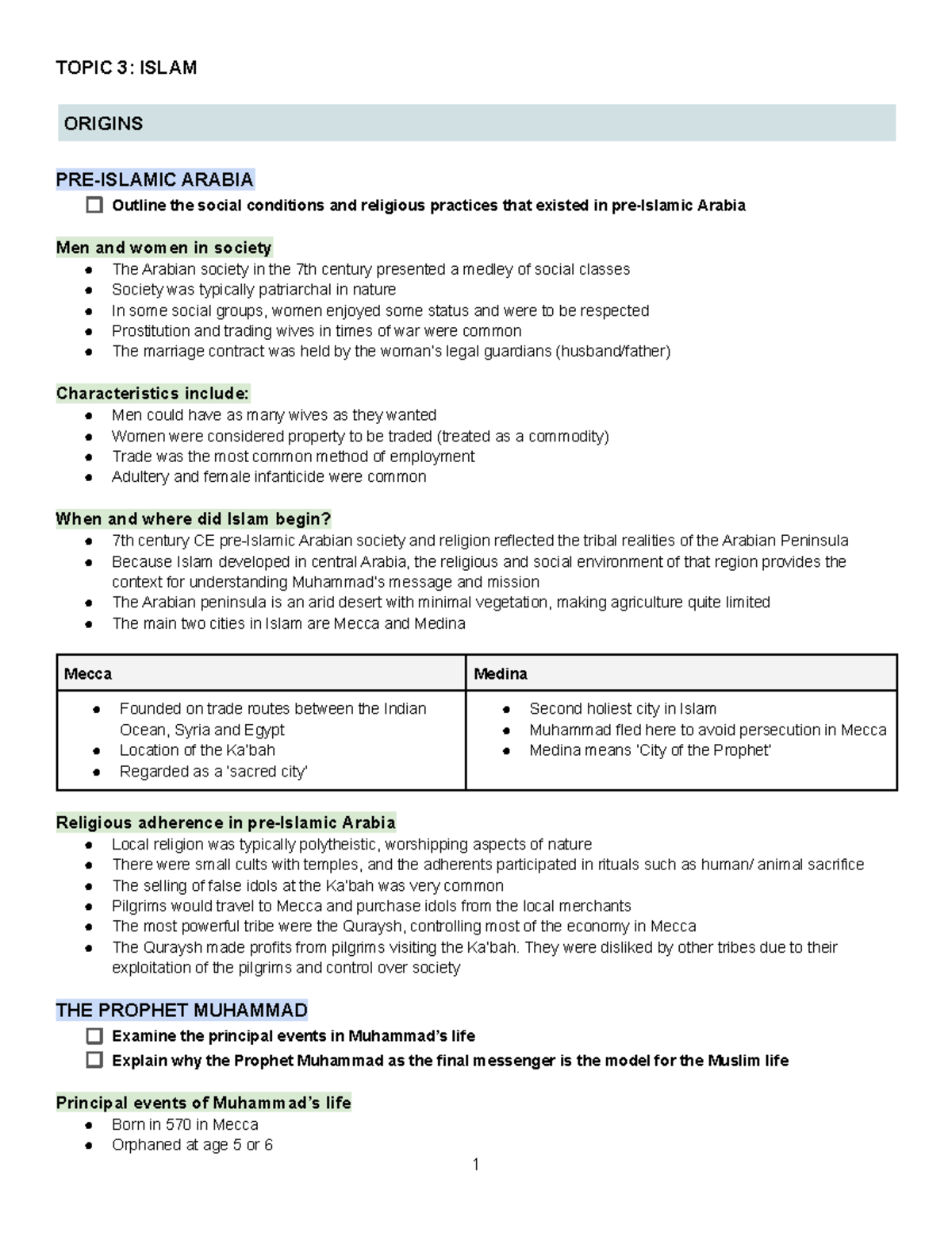 SOR1 Islam Prelim Notes - TOPIC 3: ISLAM ORIGINS PRE-ISLAMIC ARABIA ...