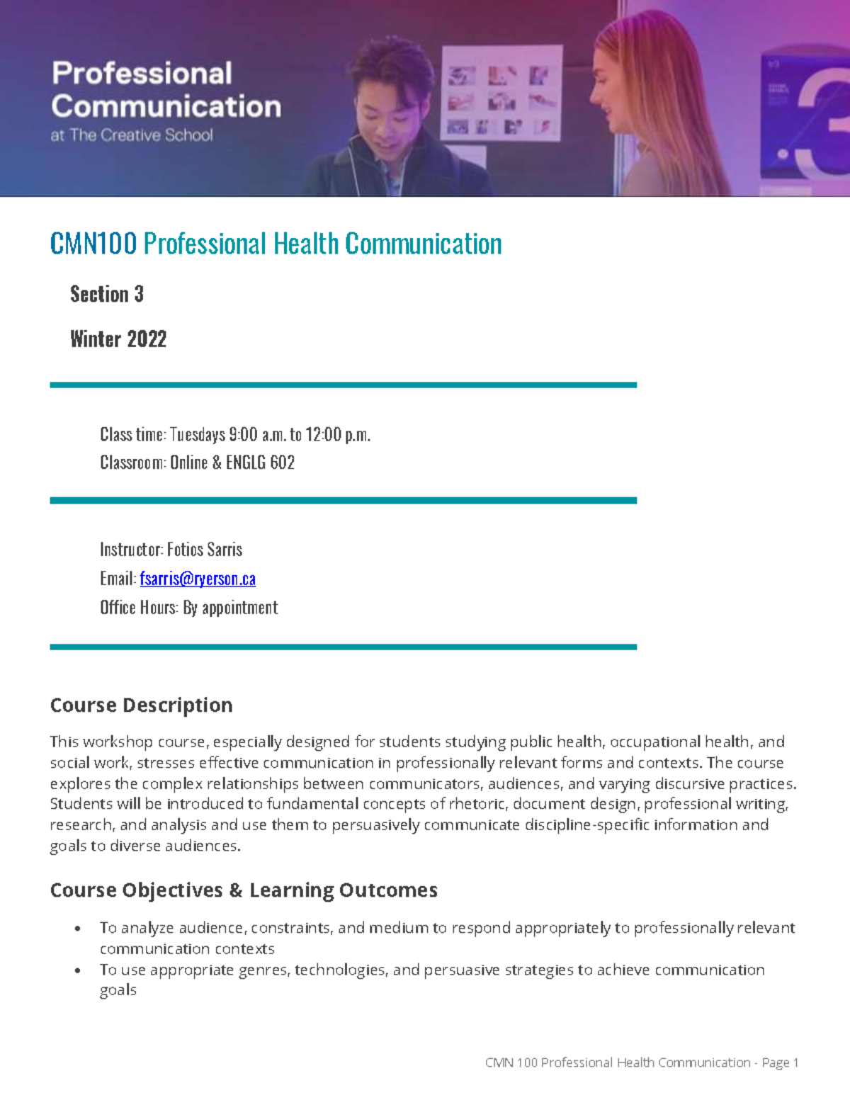 CMN 100 Course Outline, Ryerson University - CMN100 Professional Health ...