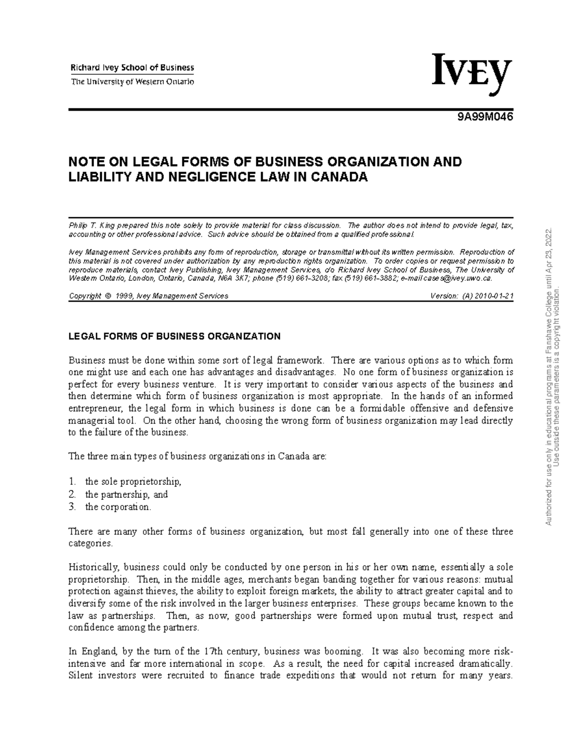 S21 LAWS 6042 Module 3 Note on Legal Forms of Business Organization - S ...