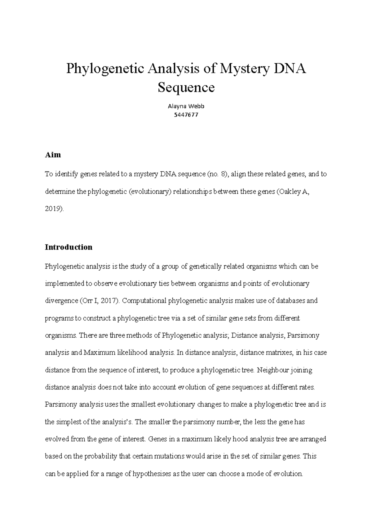 Chem325 report - Assignment 2 - Phylogenetic Analysis of Mystery DNA ...