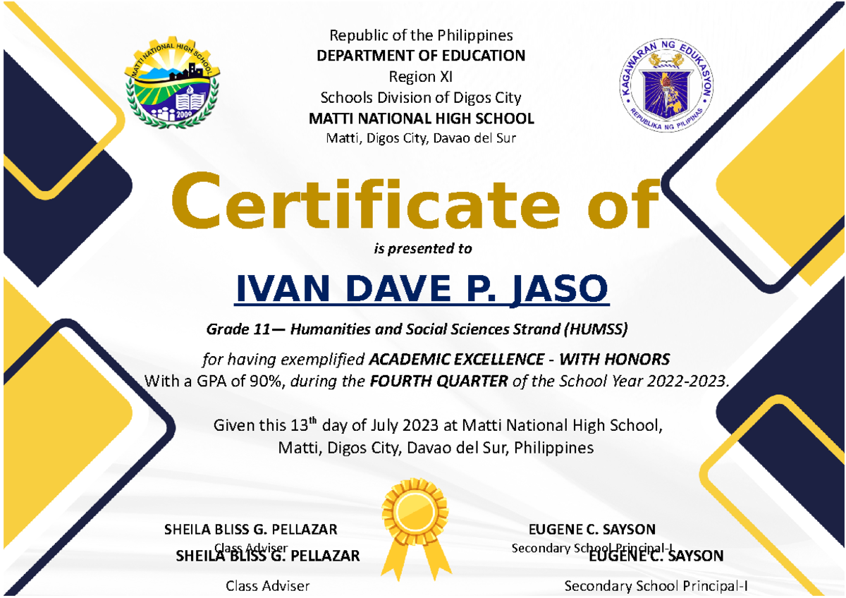 H Onors CERT A4 - EUGENE C. SAYSON ####### Secondary School Principal-I ...