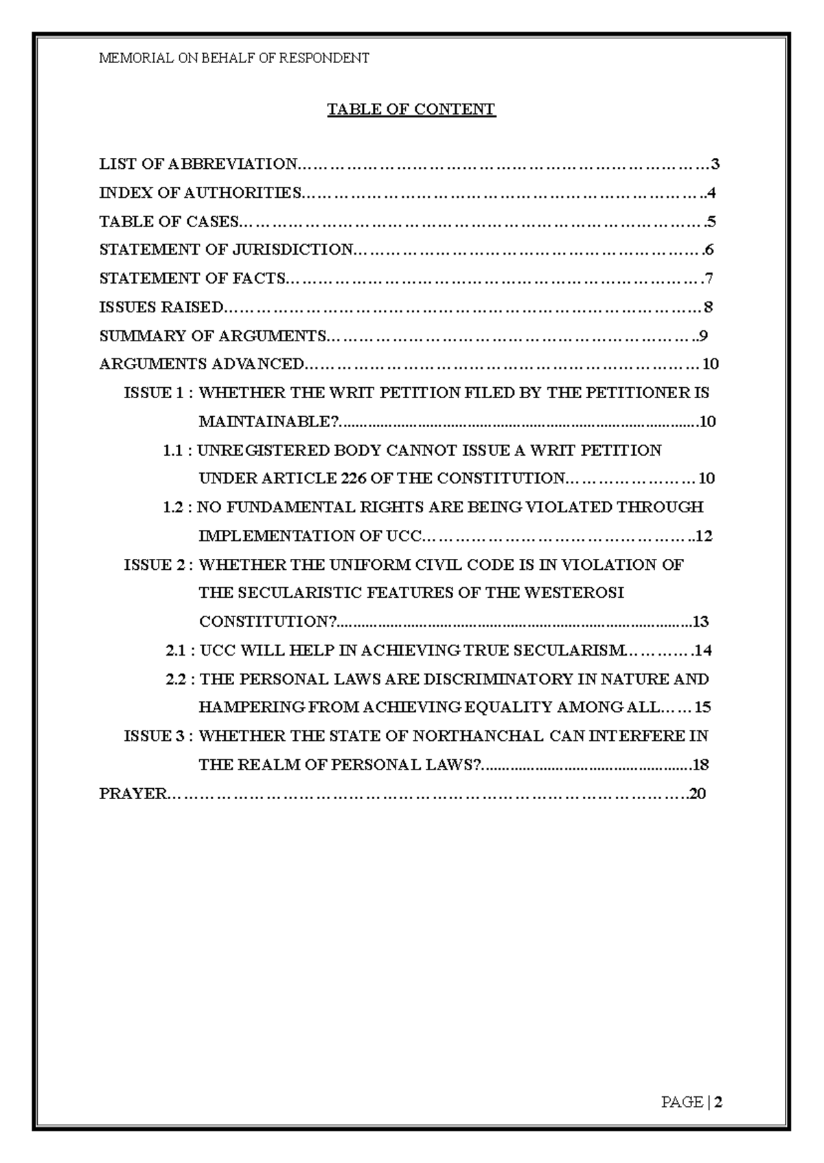 Memorial BODY - moot - TABLE OF CONTENT LIST OF - Studocu