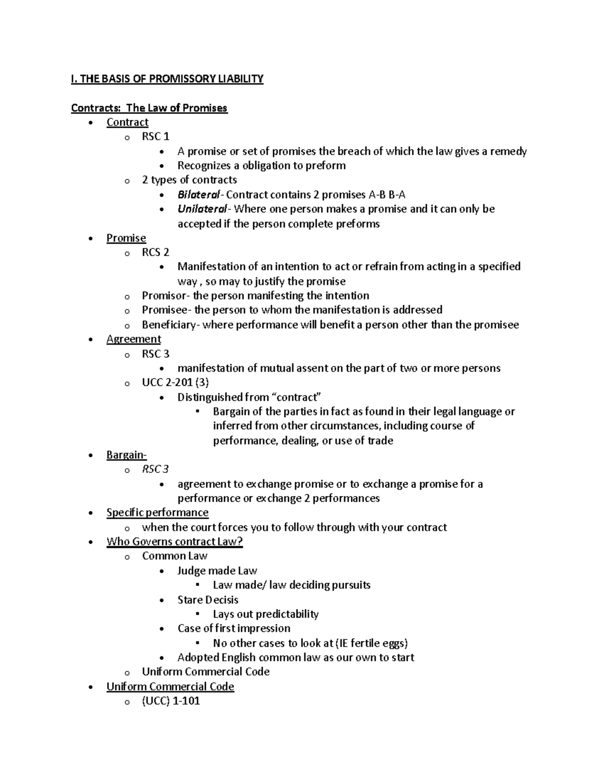 Contracts Final Outline - I. THE BASIS OF PROMISSORY LIABILITY ...