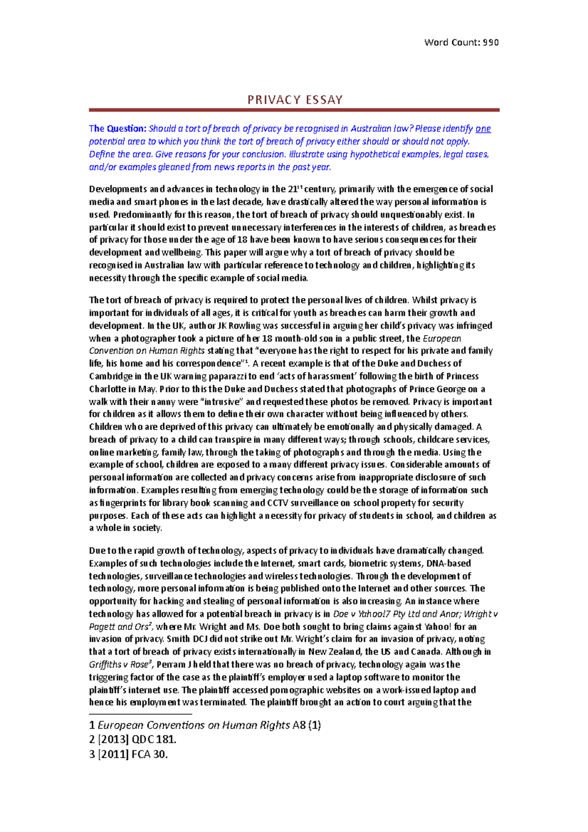 Essay "Privacy" - Word Count: 990 PRIVACY ESSAY The Question: Should a ...