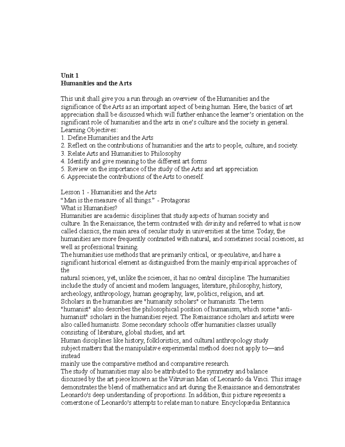 Art Appreciation - Unit 1 Humanities and the Arts This unit shall give ...