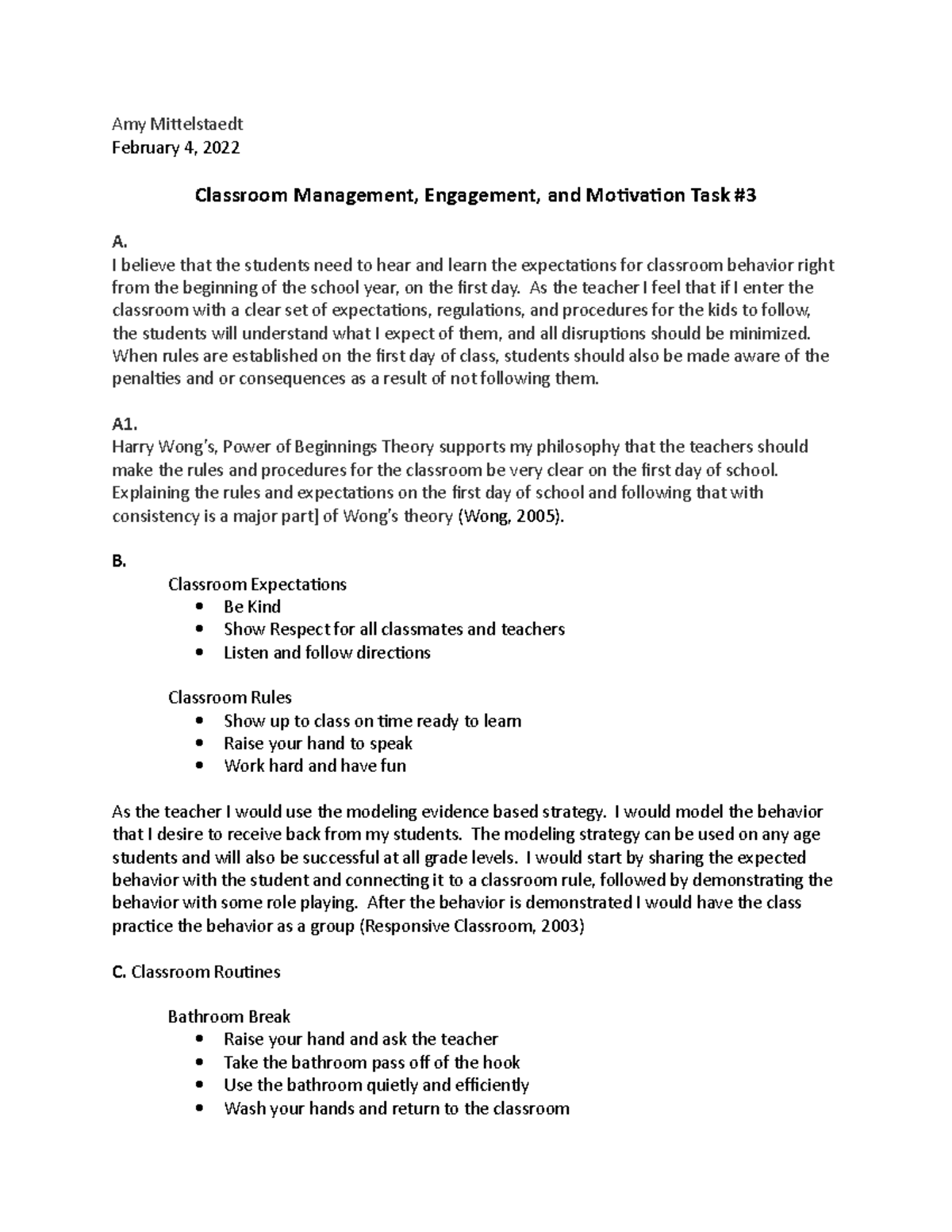 Classroom Management Task 3 - Amy Mittelstaedt February 4, 2022 ...