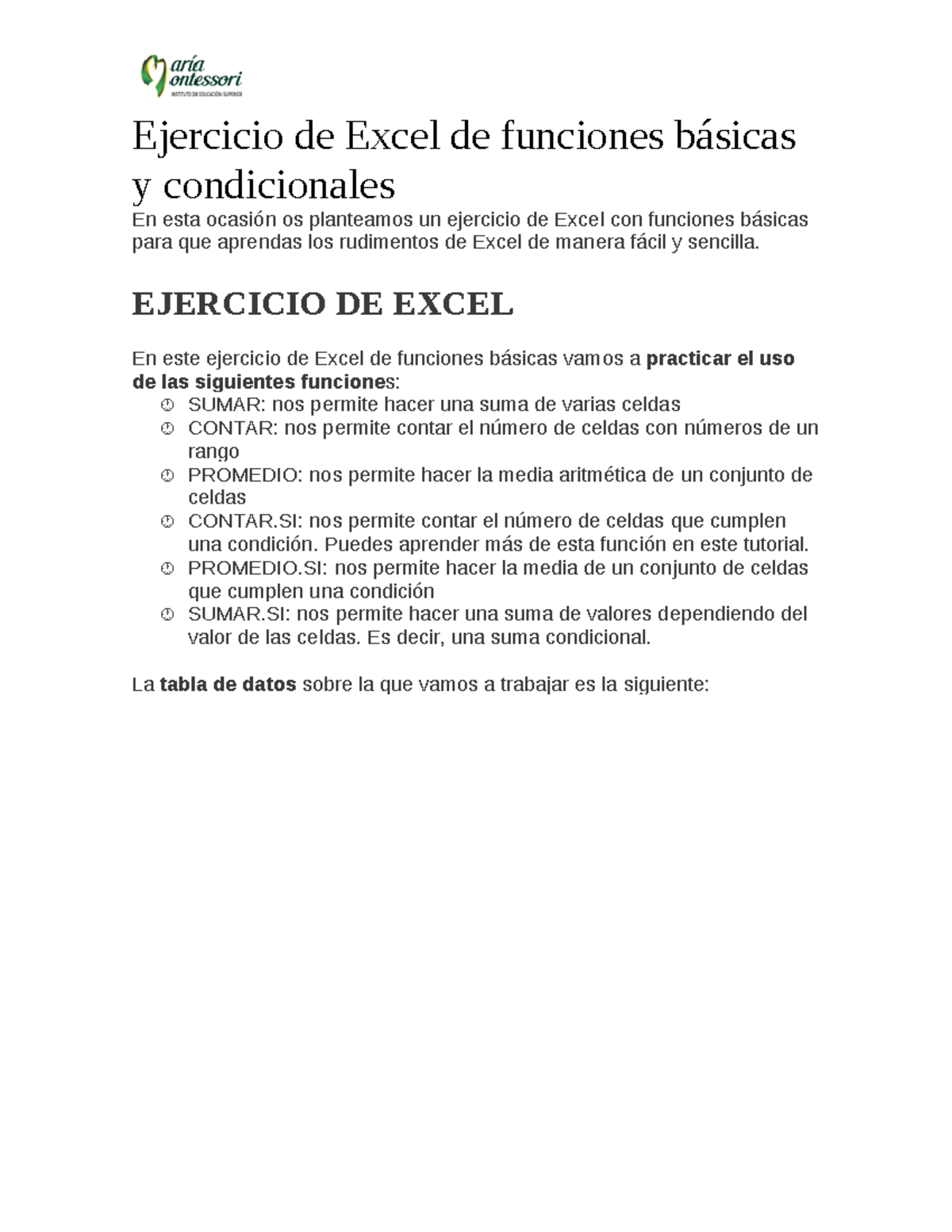 Ejercicio de Excel de funciones básicas y condicionales - Ejercicio de Excel de funciones ...