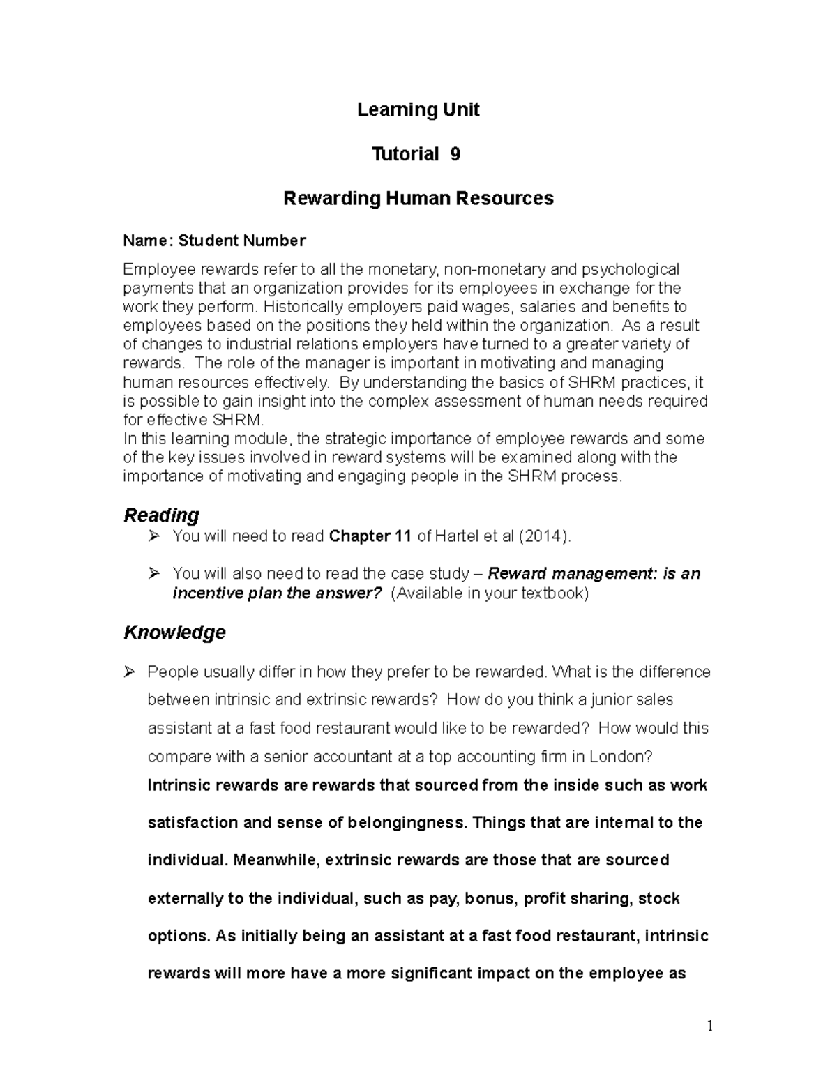 Tutorial 9 Rewarding Human Resources - Learning Unit Tutorial 9 ...