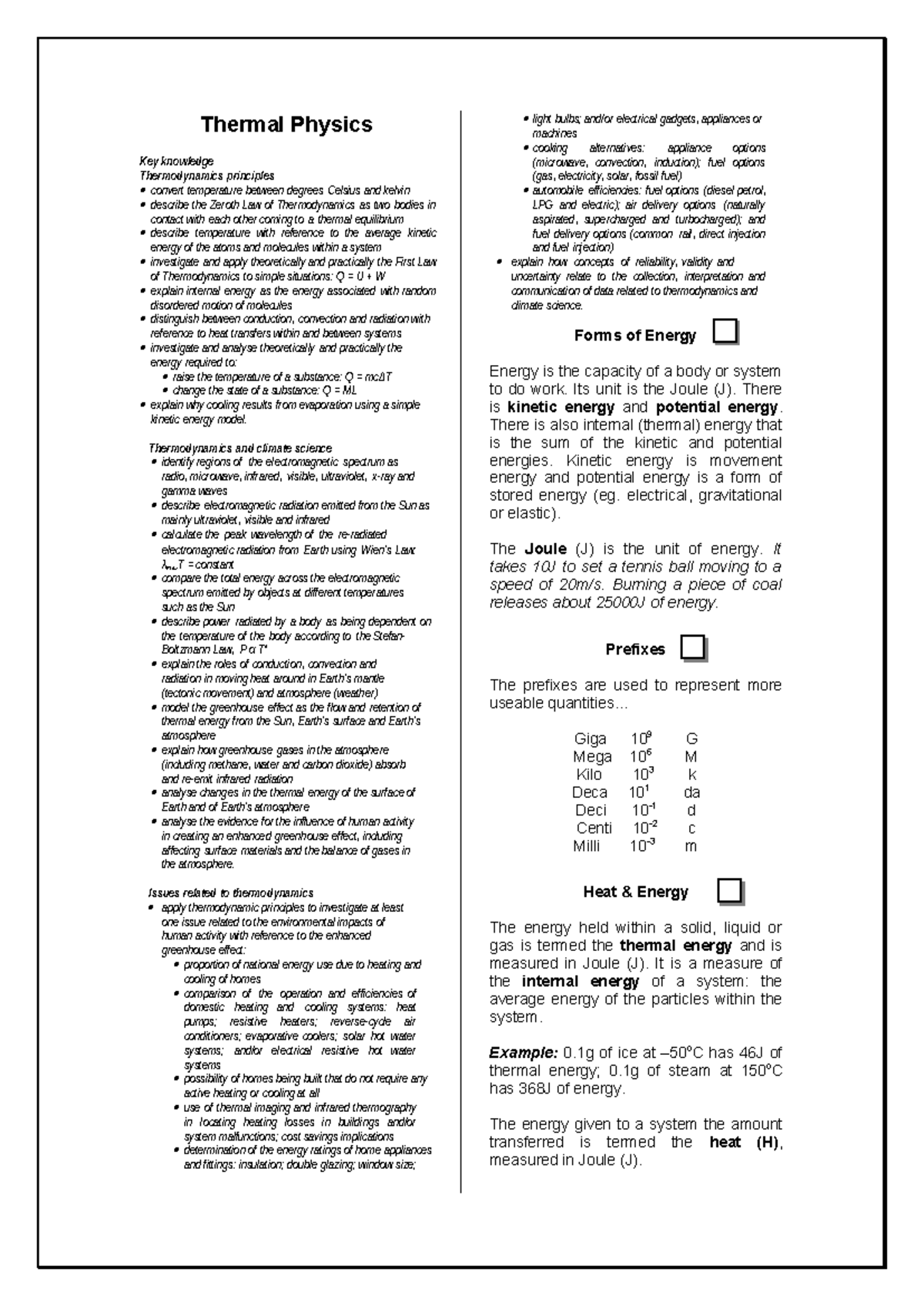 Unit 1 (Thermal Physics) Notes - Thermal Physics Key knowledge ...