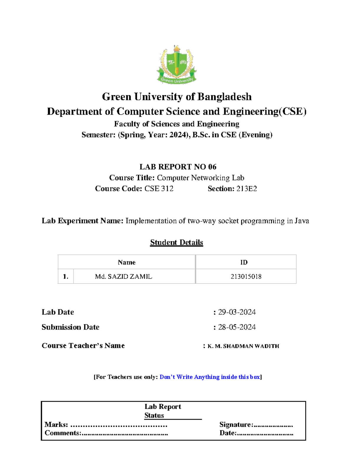 213015018 LAB 6 MD Sazid Zamil - Green University of Bangladesh ...
