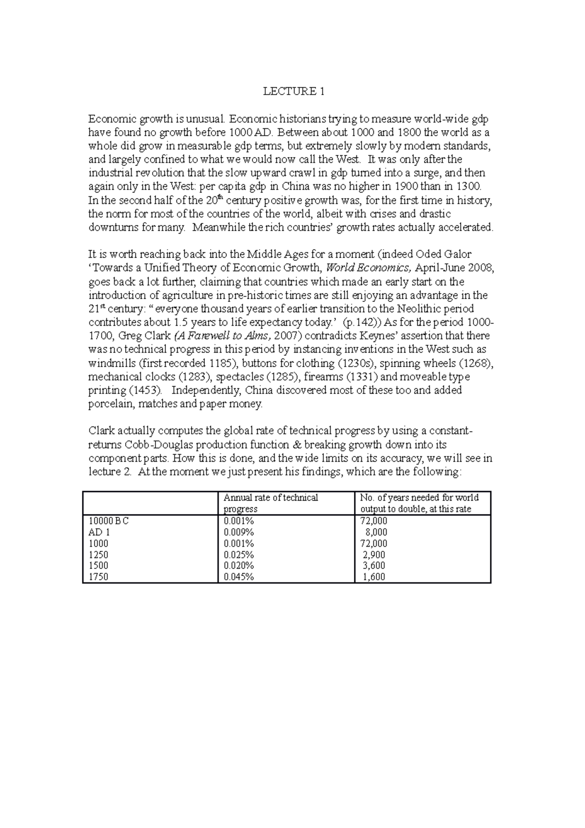Handout 01 - Lecture notes 1 - Economic growth is unusual. Economic ...
