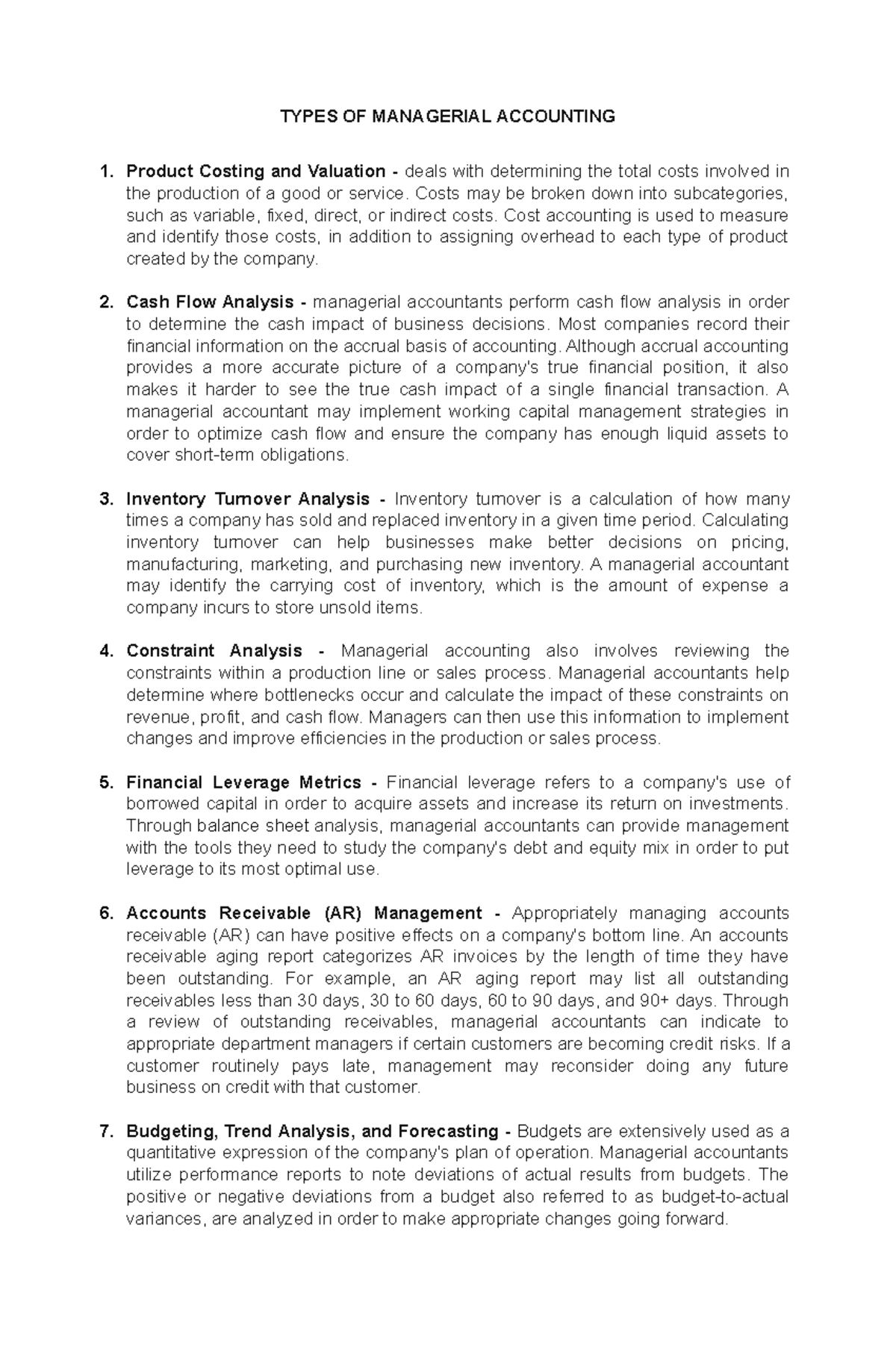 Types of Managerial Accounting - TYPES OF MANAGERIAL ACCOUNTING Product ...