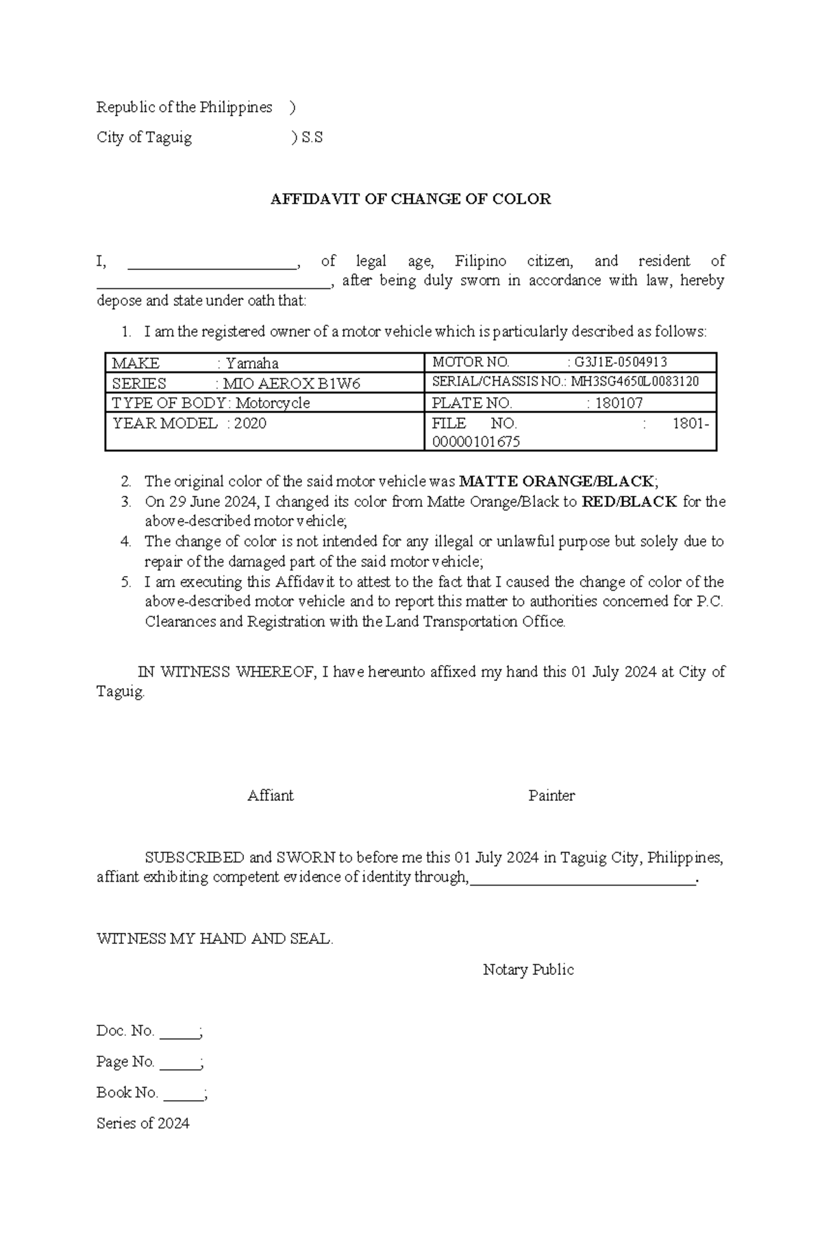 Affidavit of Change of Color - Republic of the Philippines ) City of ...