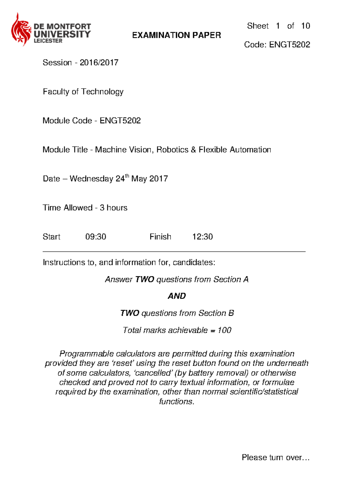 ENGT5202 2017 Exam - Sheet 1 of 10 EXAMINATION PAPER Code: ENGT Session ...
