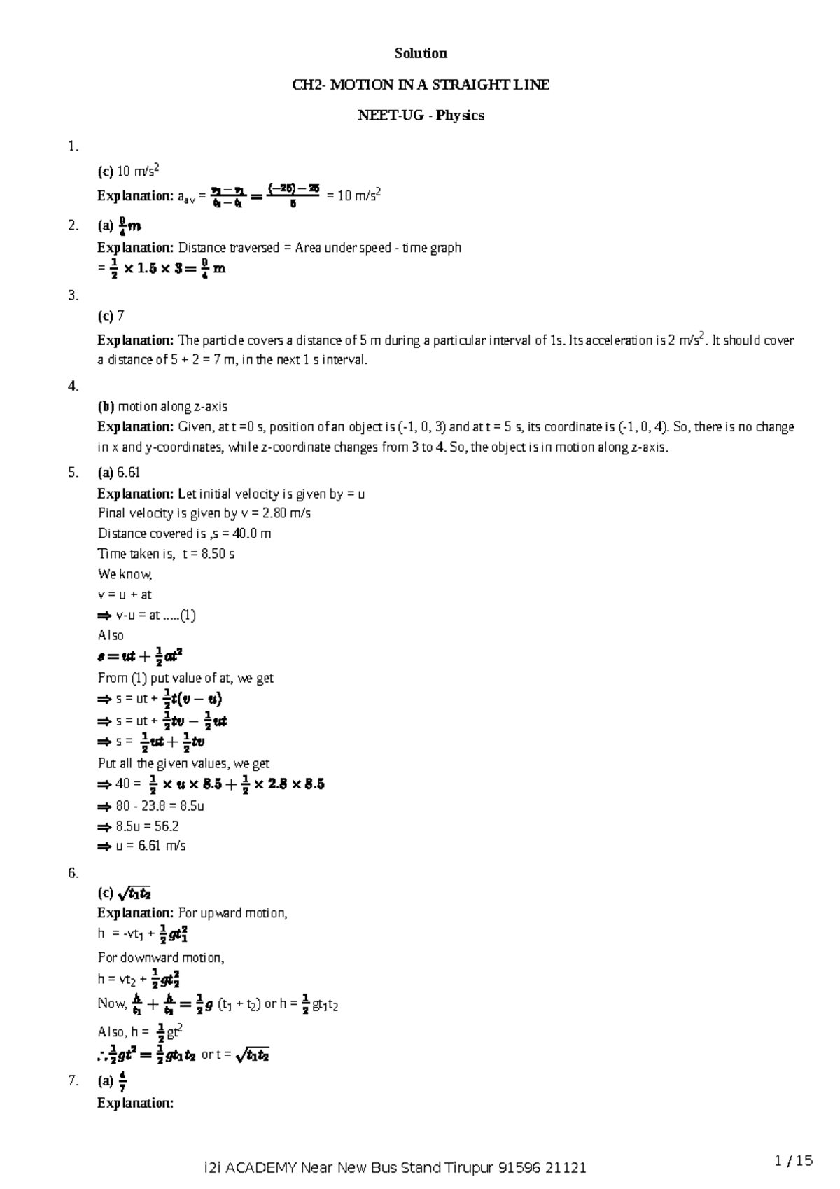 Motion IN A Straight LINE - Solutions - Solution CH2- MOTION IN A ...