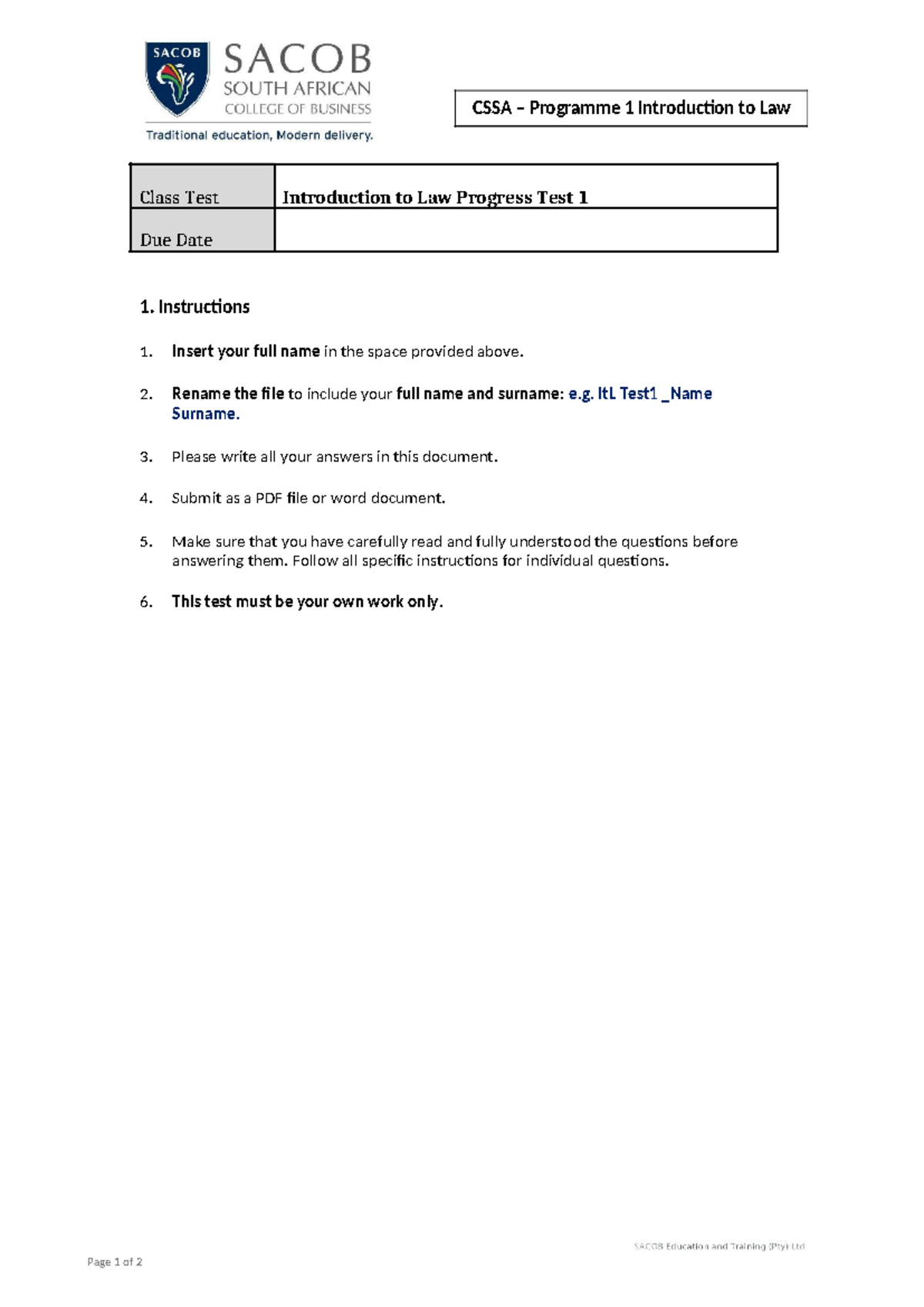 Introduction to Law Progress Test 1 - Instructions 1. Insert your full ...