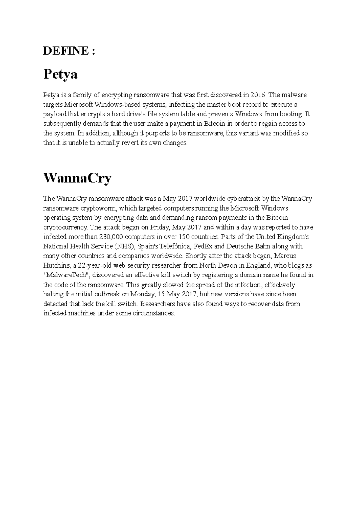 DFS 3123 - DFS 3123 - DEFINE : Petya Petya is a family of encrypting ...