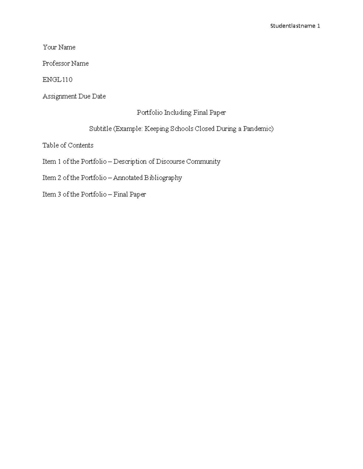 MLA Template Portfolio Final Paper (2) - Your Name Professor Name ENGL ...