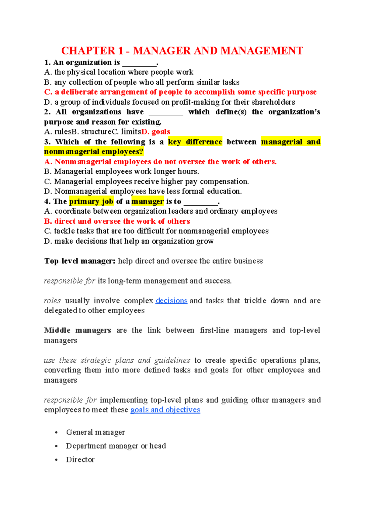 Quản trị học correcting - CHAPTER 1 - MANAGER AND MANAGEMENT An ...