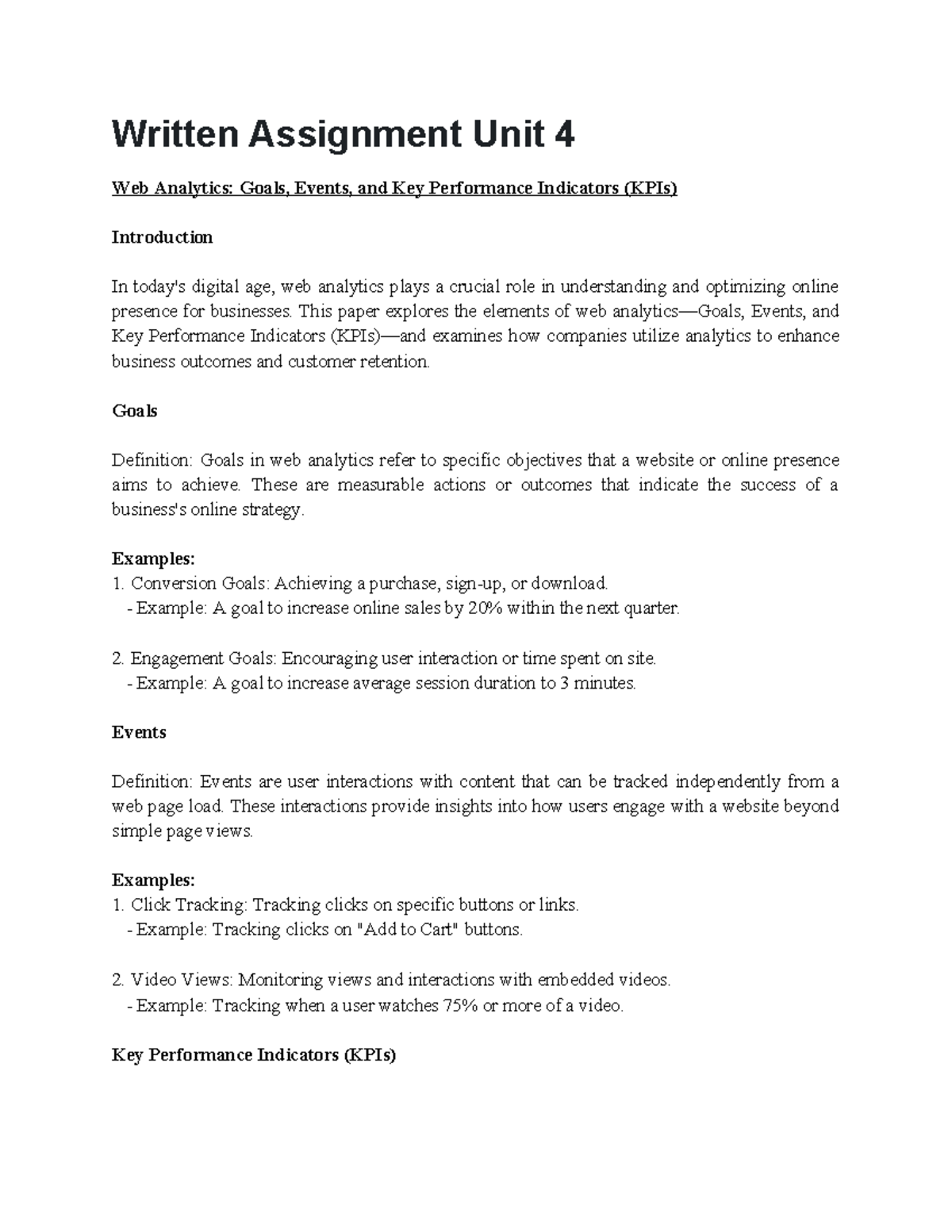 Written Assignment Unit 4 E-commerce - Written Assignment Unit 4 Web Analytics: Goals, Events ...