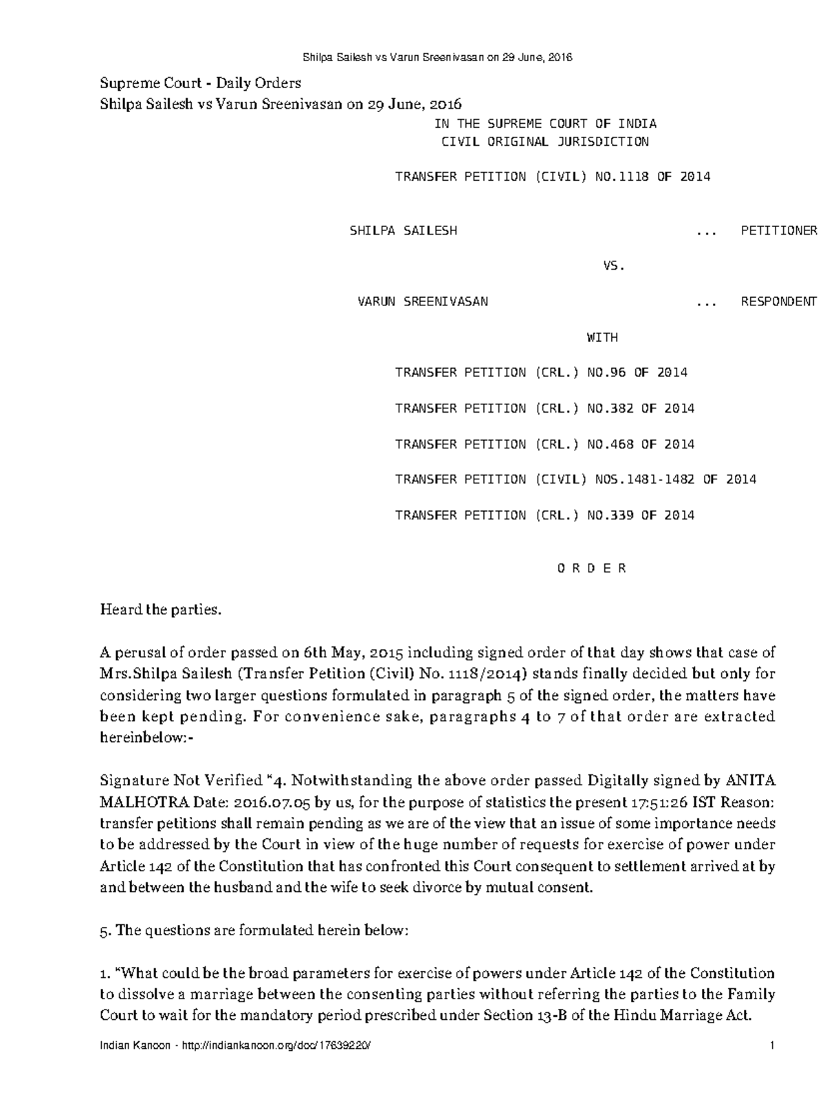 Shilpa Sailesh vs Varun Sreenivasan on 29 June 2016 - Supreme Court ...