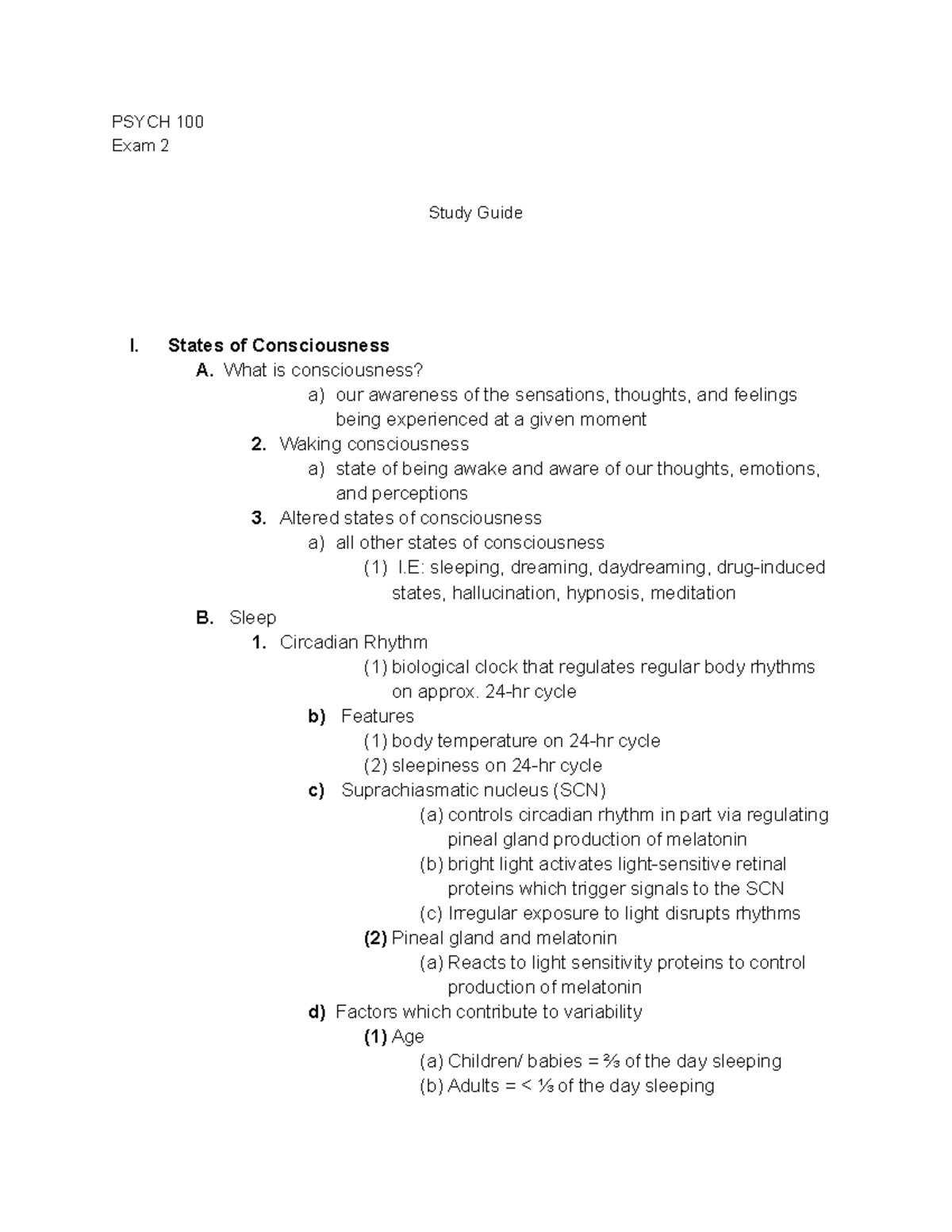 Psych 100 Consciousness Notes - PSYCH 100 Exam 2 Study Guide I. States ...