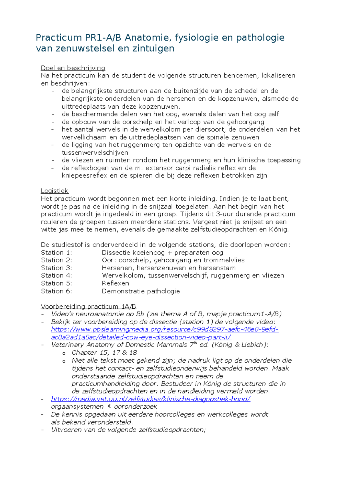 Practicum PR1 - PR1 - Practicum PR1-A/B Anatomie, fysiologie en pathologie van zenuwstelsel en ...