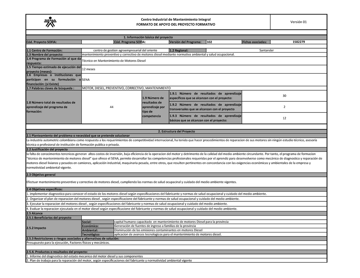 Copia de Proyecto Formativo Mantto MOT. Diesel 1582279 - CÛd. Proyecto ...