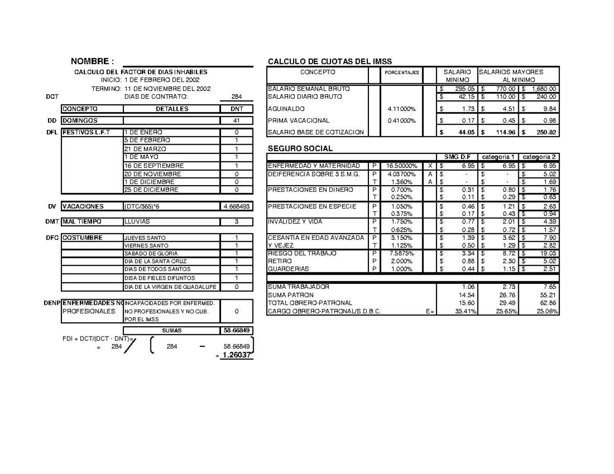 Factor Salario Real - NOMBRE : CALCULO DE CUOTAS DEL IMSS CONCEPTO ...