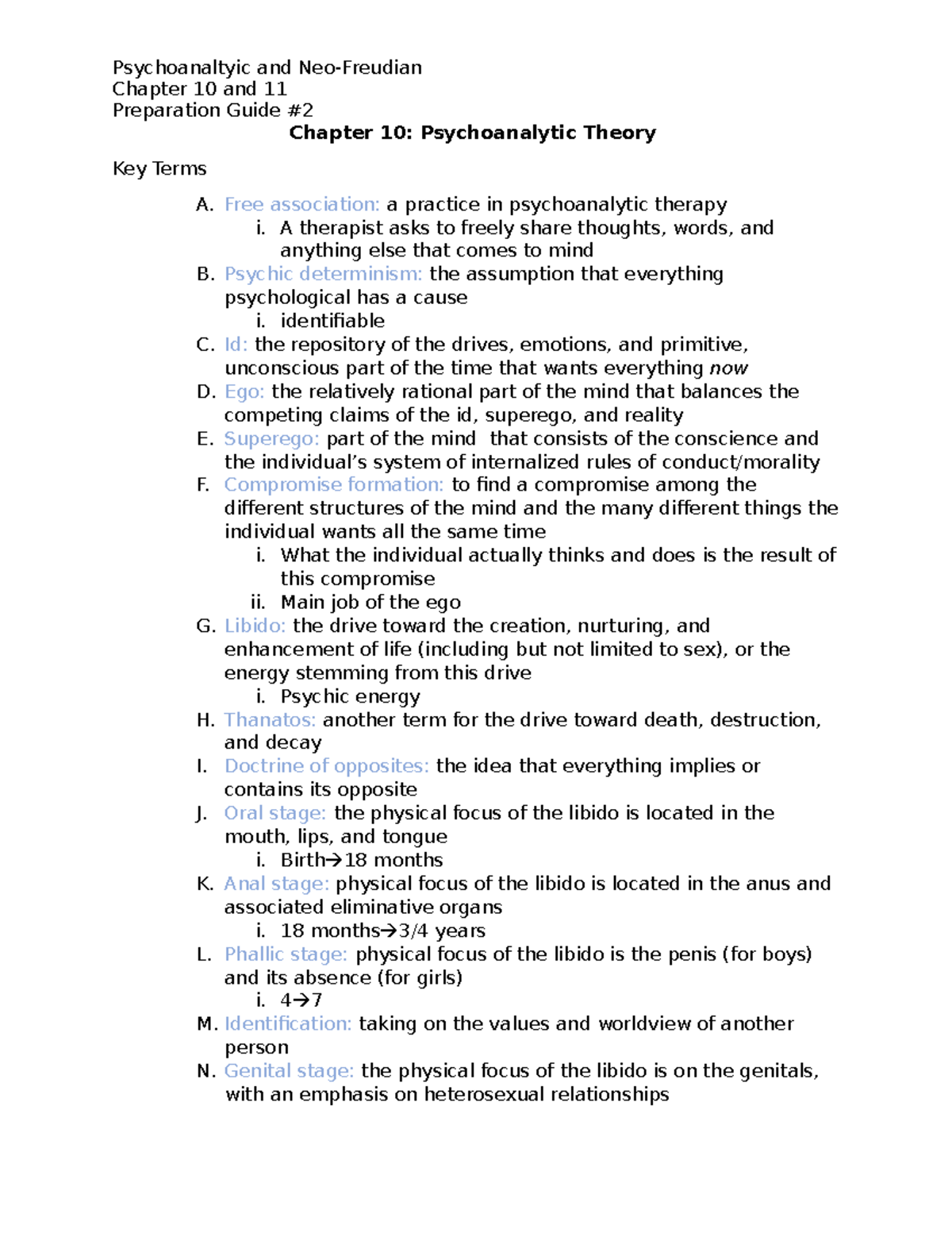 Prep guide 2 - psychoanalytic theory - Chapter 10 and 11 Preparation ...