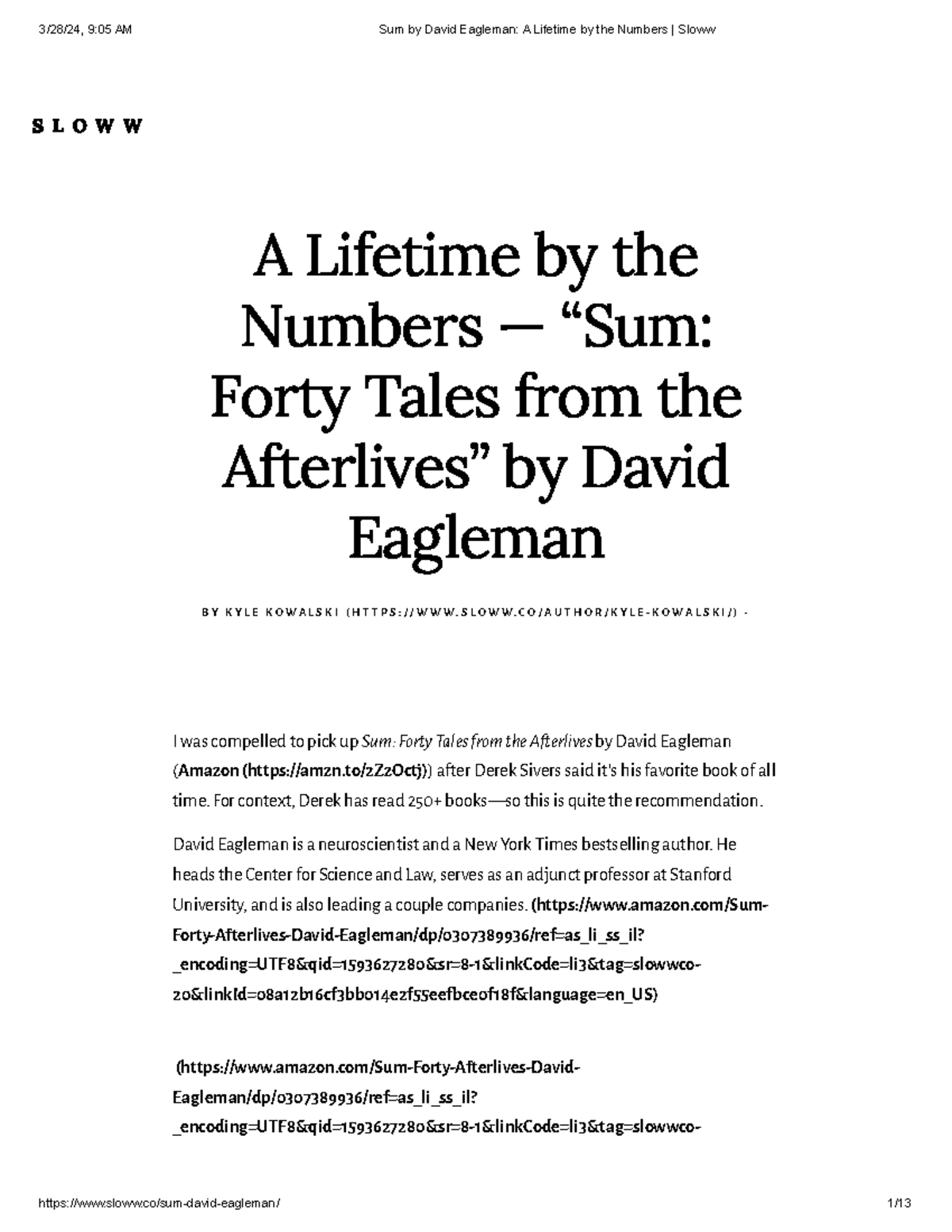 Sum by David Eagleman A Lifetime by the Numbers Sloww - S L O W W A ...