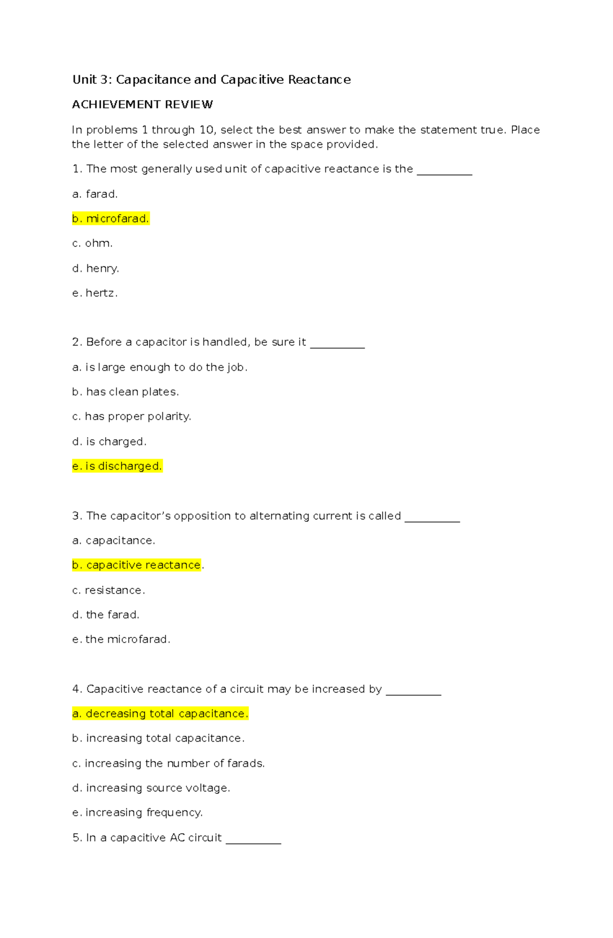 Basic EE - Unit 3: Capacitance and Capacitive Reactance ACHIEVEMENT ...