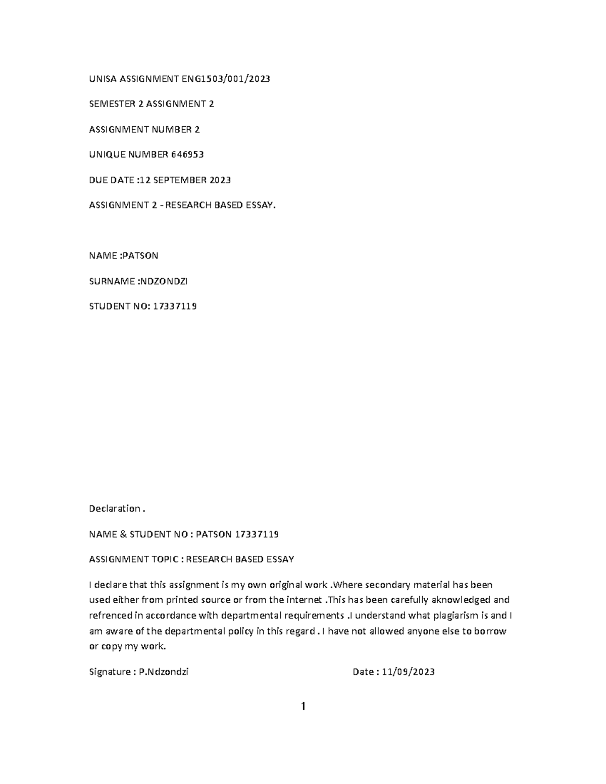 Assignment 2 11pm - UNISA ASSIGNMENT ENG1503/001/ SEMESTER 2 ASSIGNMENT ...