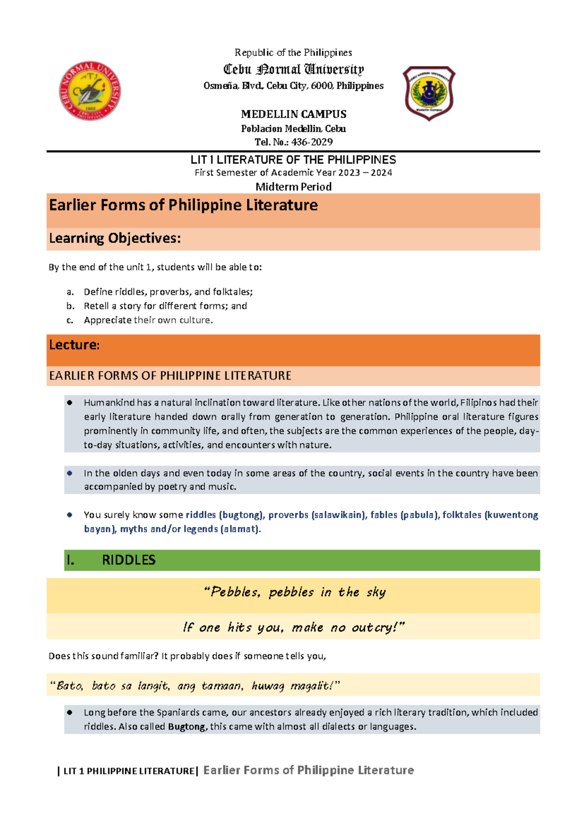 Early Forms of Literature - Republic of the Philippines Cebu Normal ...
