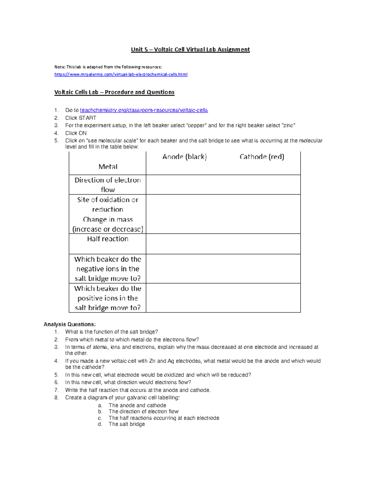 Unit 5 – Voltaic Cell Virtual Lab Assignment - Unit 5 – Voltaic Cell ...