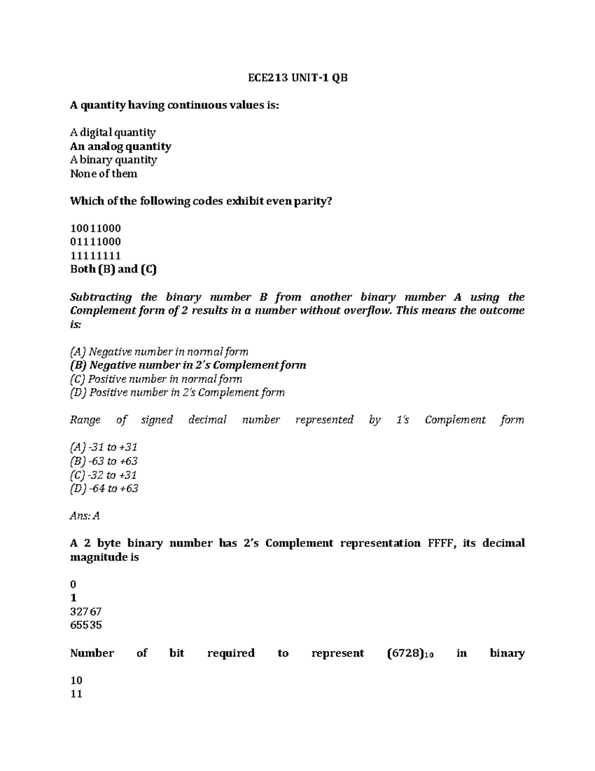 Unit1 MCQ - ANONYMOUS - ECE213 UNIT-1 QB A quantity having continuous values is: A digital ...