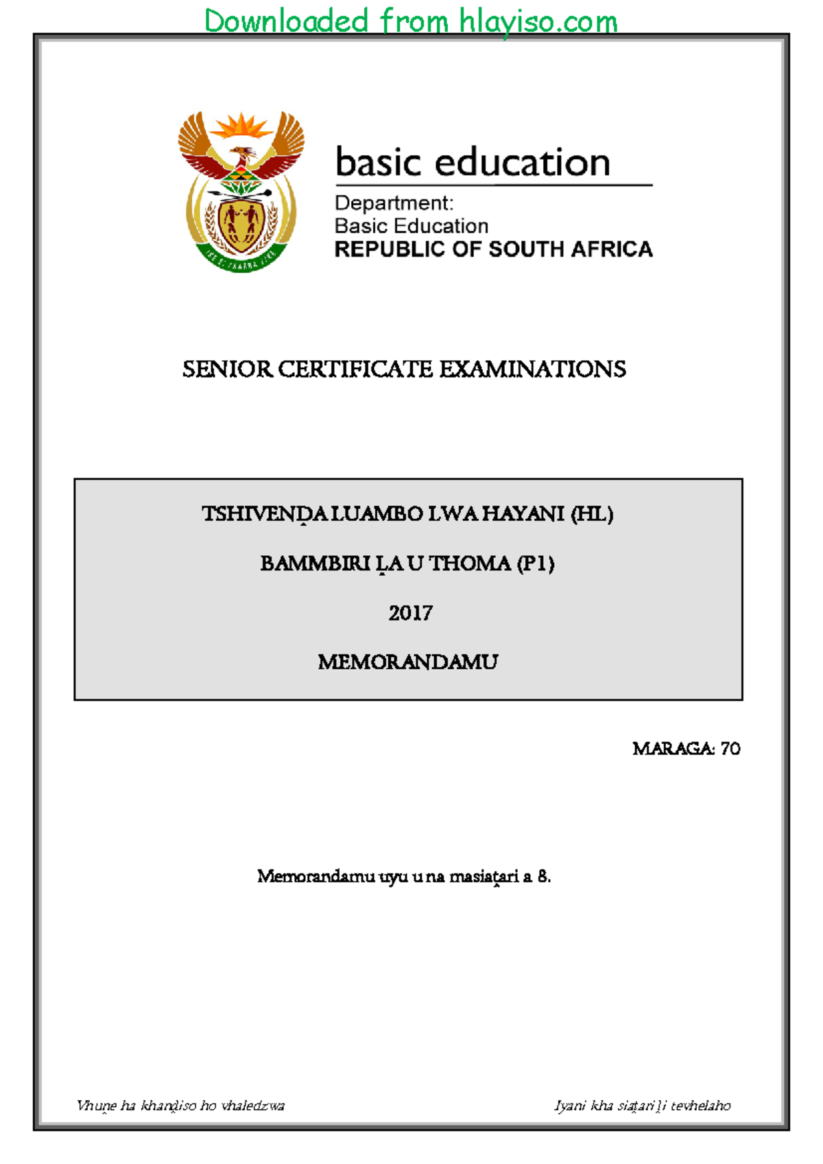 Tshivenda-HL-P1-May-June-2017-Memo hlayiso - Vhu½e ha khanḓ iso ho ...