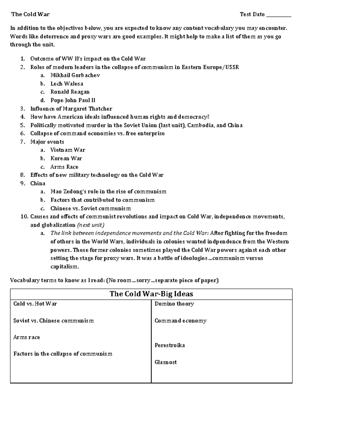 World History Unit Review 14 - The Cold War Test Date ___________ In ...