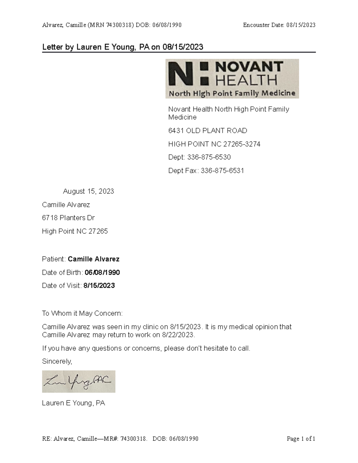 MD Note - notes - Alvarez, Camille (MRN 74300318) DOB: 06/08/1990 ...