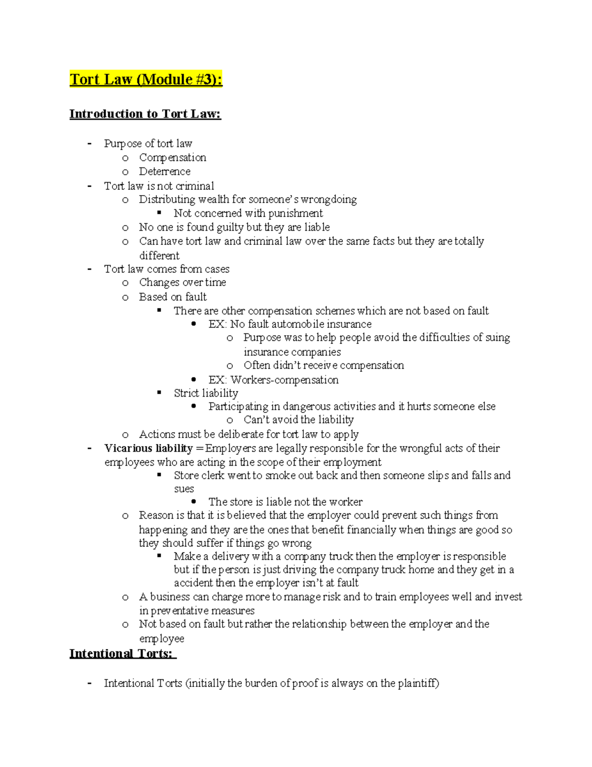 Law Notes, Tort Lawbusiness law - Tort Law (Module #3): Introduction to ...