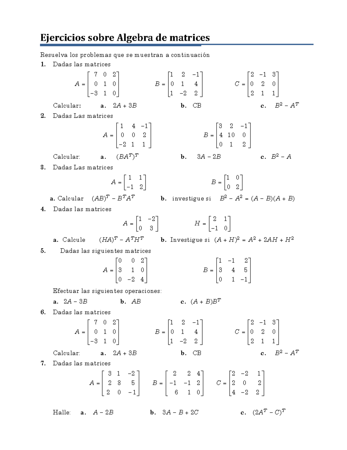 Ejercicios Algebra de matrices - Ejercicios sobre Algebra de matrices ...