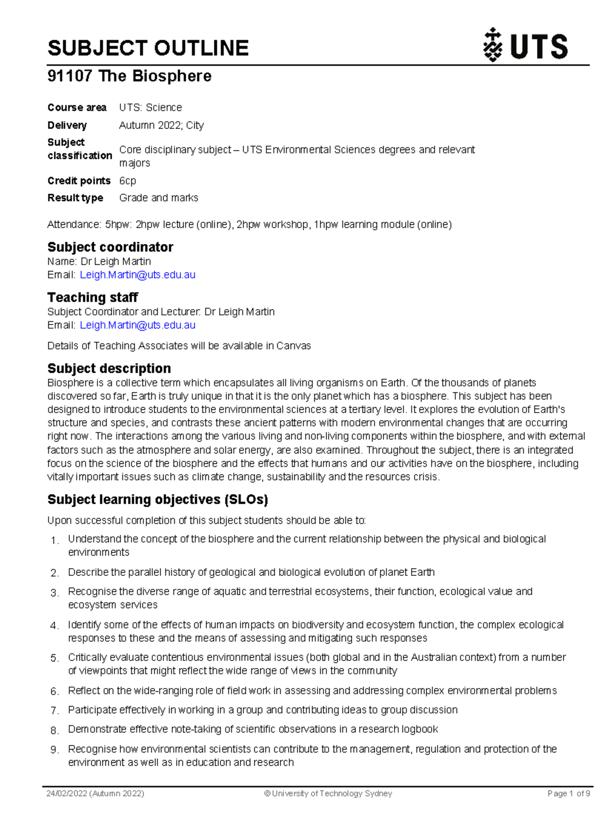 The Biosphere Subject Outline 2022 Autumn - SUBJECT OUTLINE 91107 The ...
