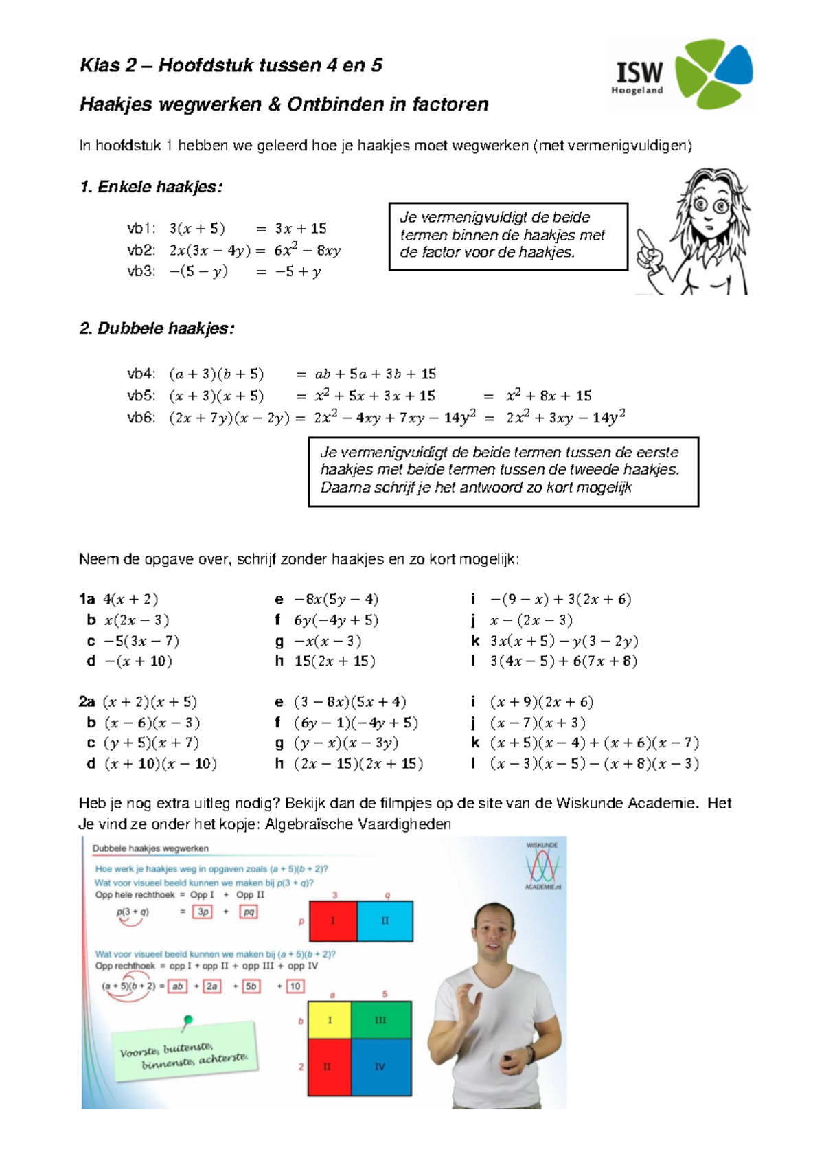Herhaling klas 2 - Ontbinden in factoren - Klas 2 – Hoofdstuk tussen 4 ...